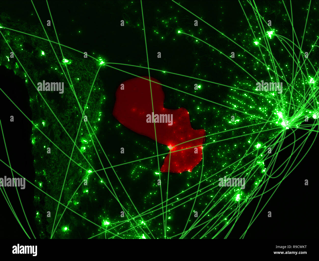 Paraguay on green map with networks. Concept of international travel ...