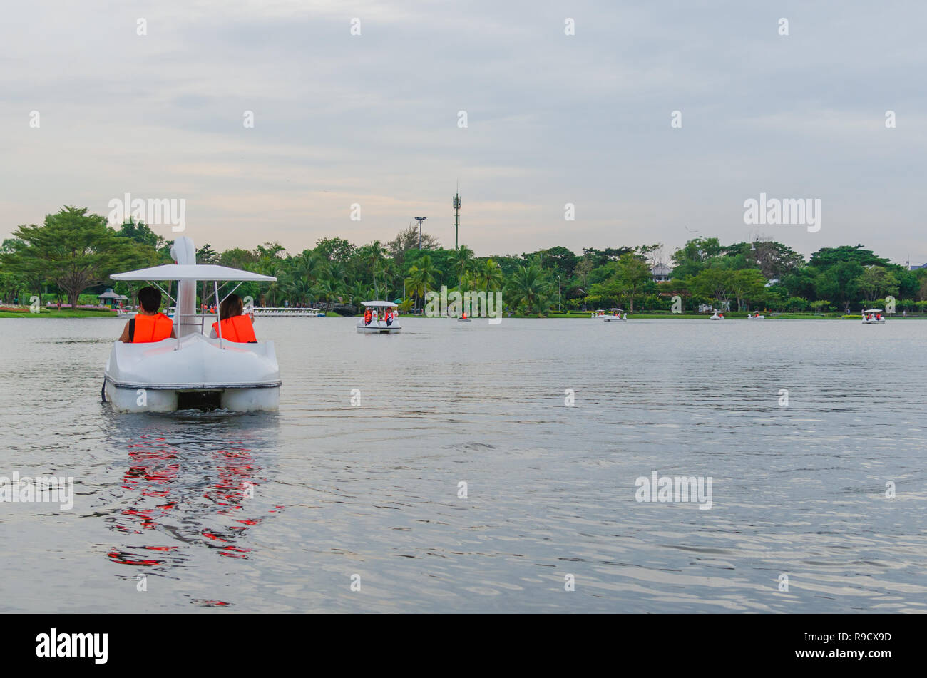 Two women riding a swan boat in a park pond Stock Photo - Alamy