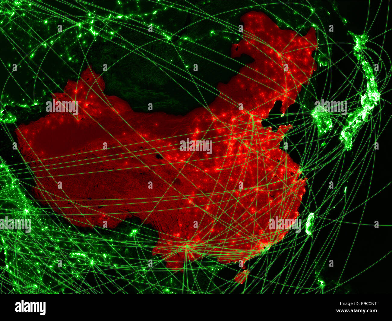 China on green map with networks. Concept of international travel ...