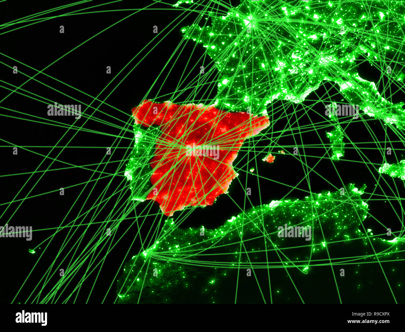 Spain on green map with networks. Concept of international travel ...