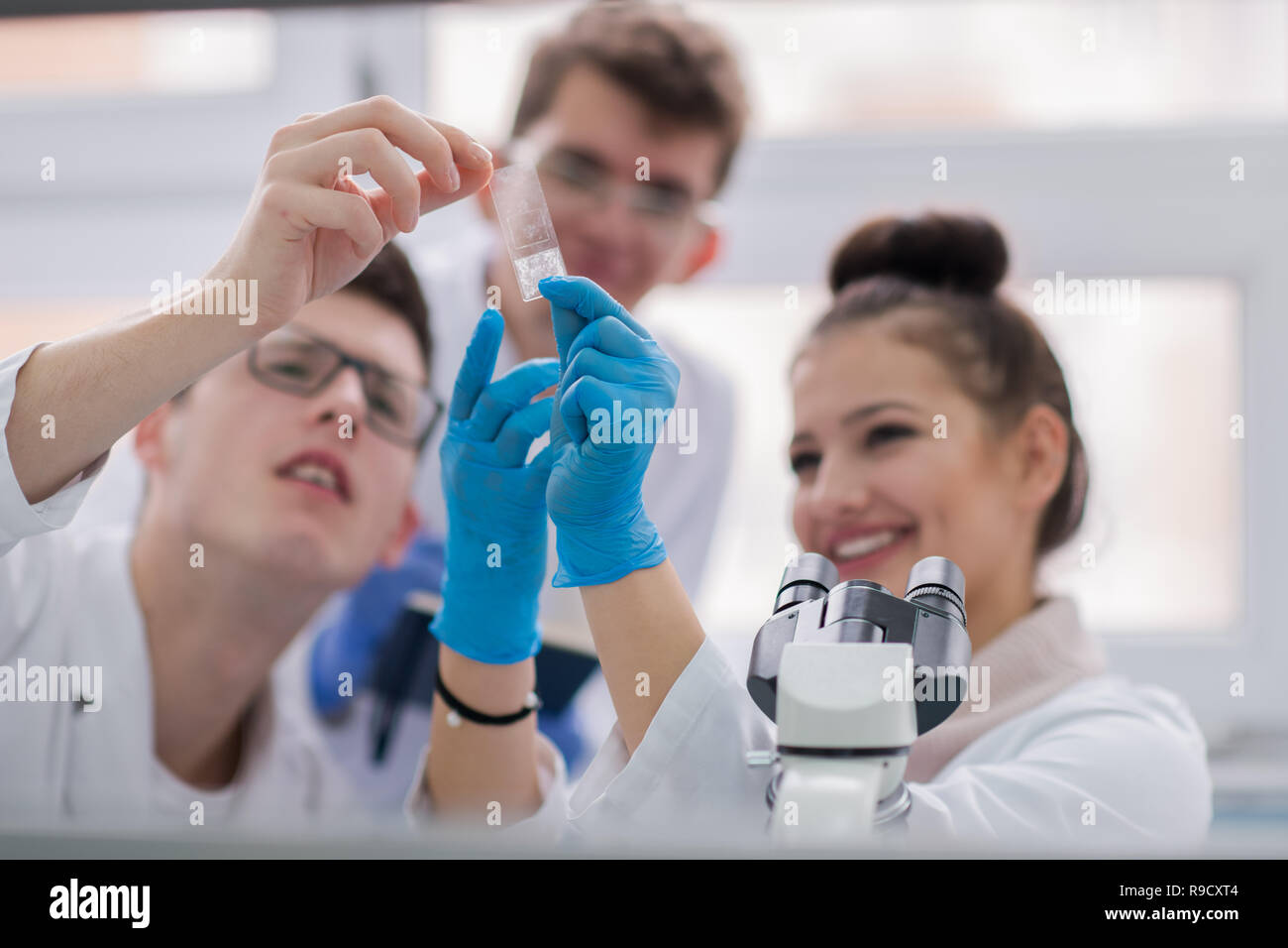 Group of young medical students doing research together in chemistry ...