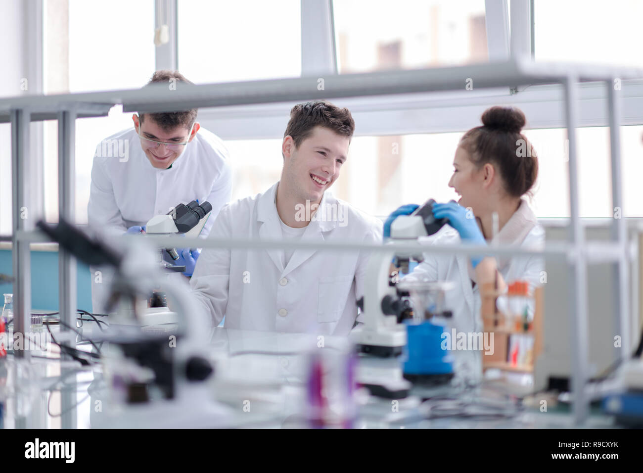 Group of young medical students doing research together in chemistry ...