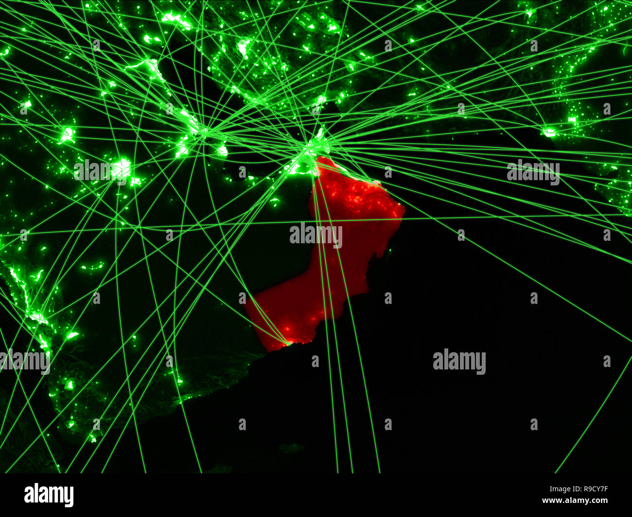 Oman on green map with networks. Concept of international travel ...