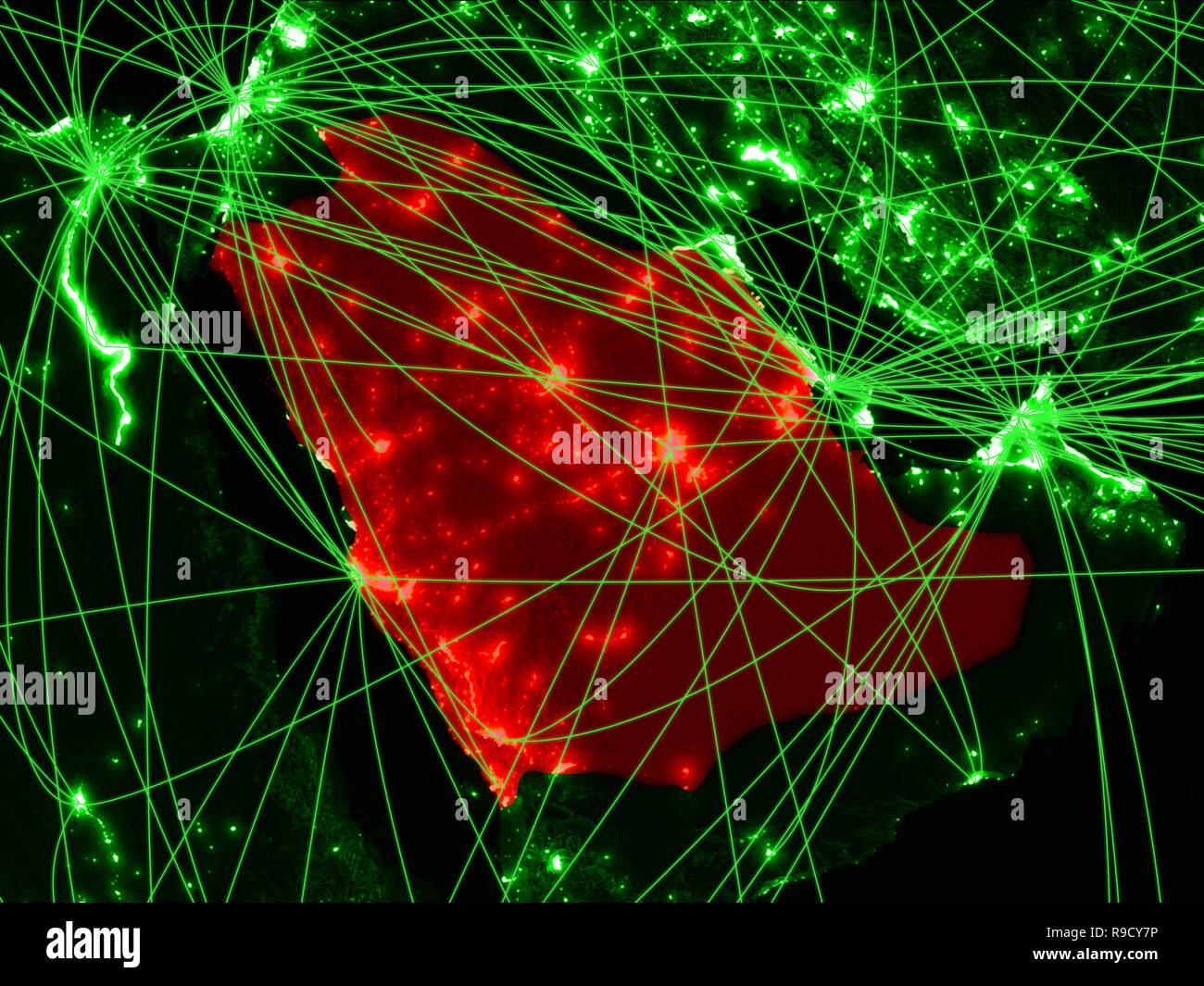 Saudi Arabia on green map with networks. Concept of international ...