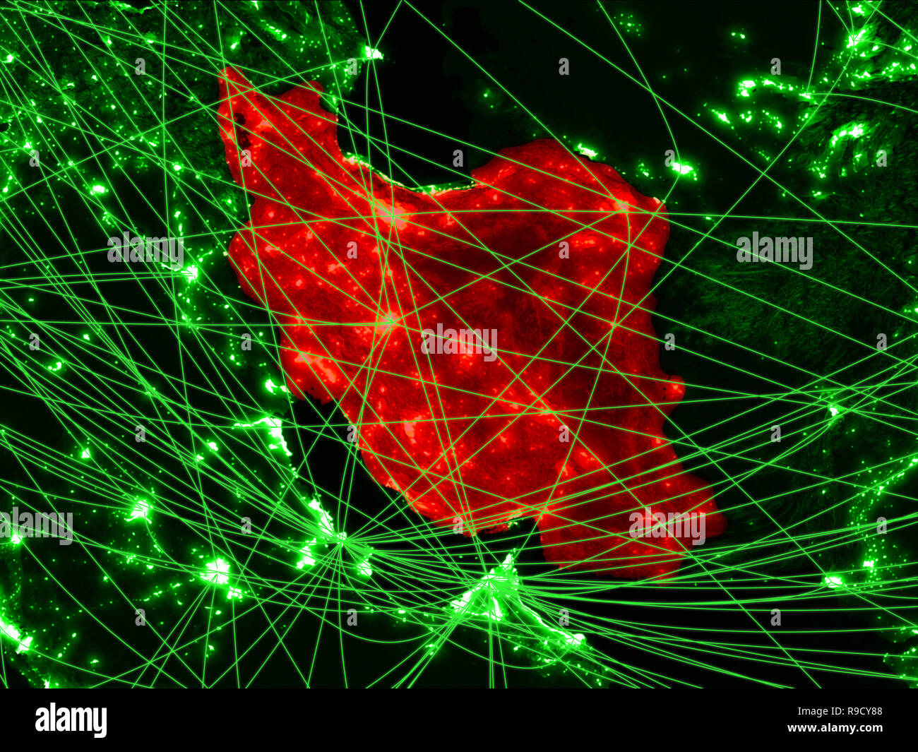 Iran on green map with networks. Concept of international travel ...
