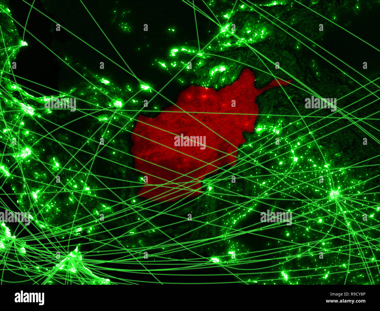 Afghanistan on green map with networks. Concept of international travel ...