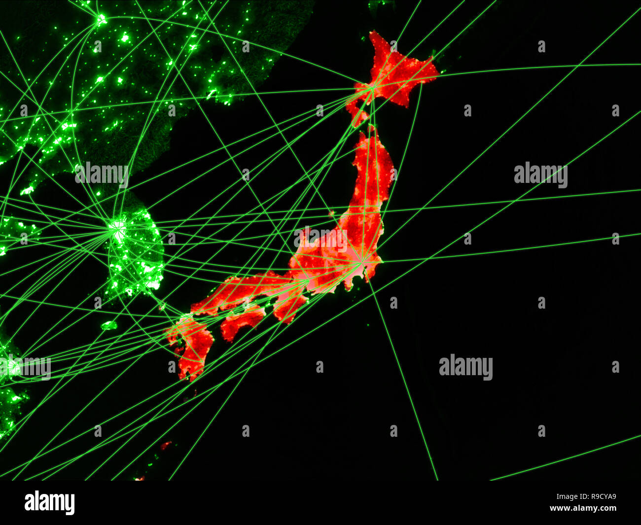 Japan on green map with networks. Concept of international travel ...