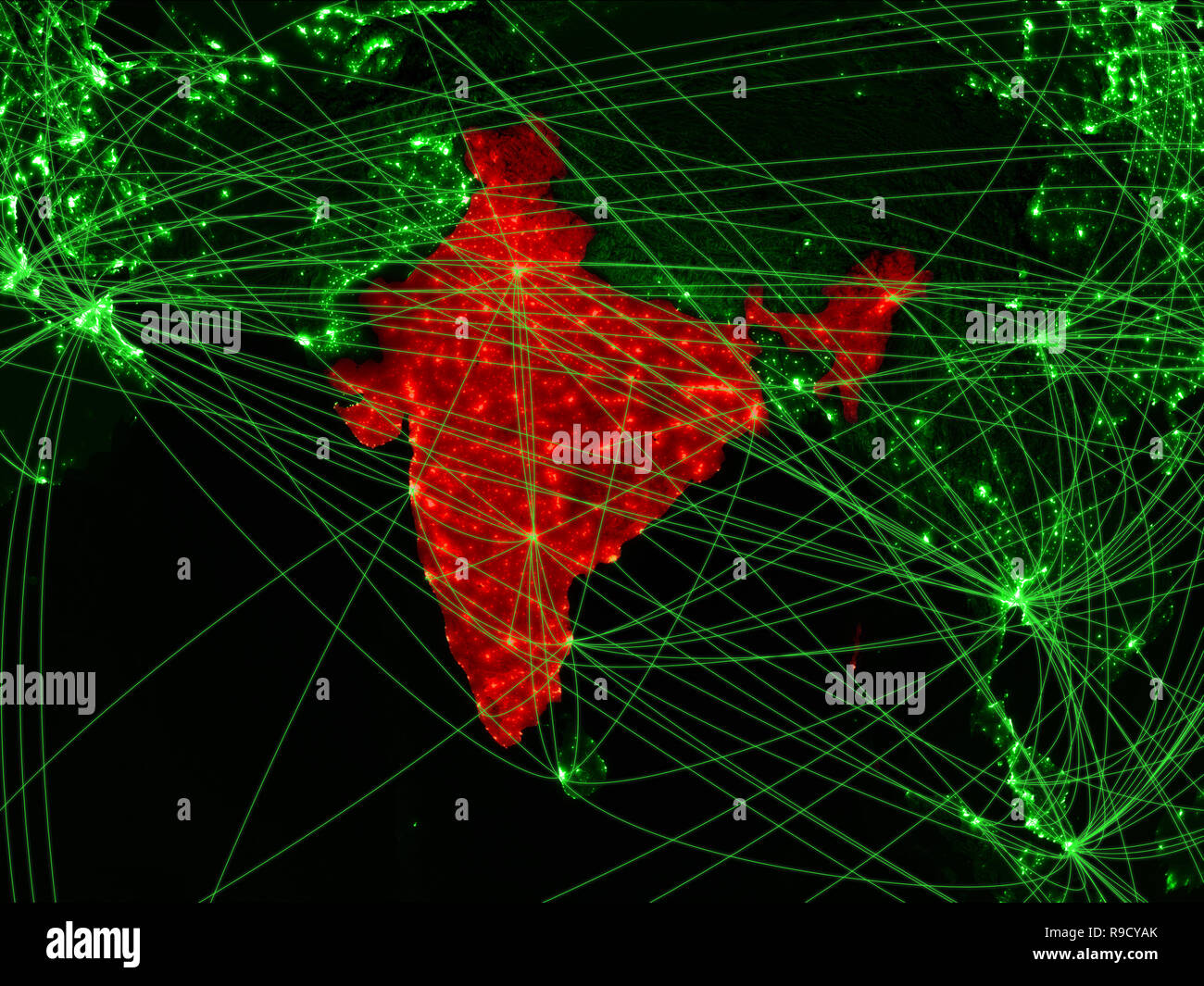 India on green map with networks. Concept of international travel ...