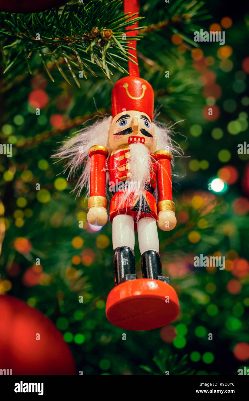 Christmas tree toy - Wooden English soldier hanging on a fir branch ...