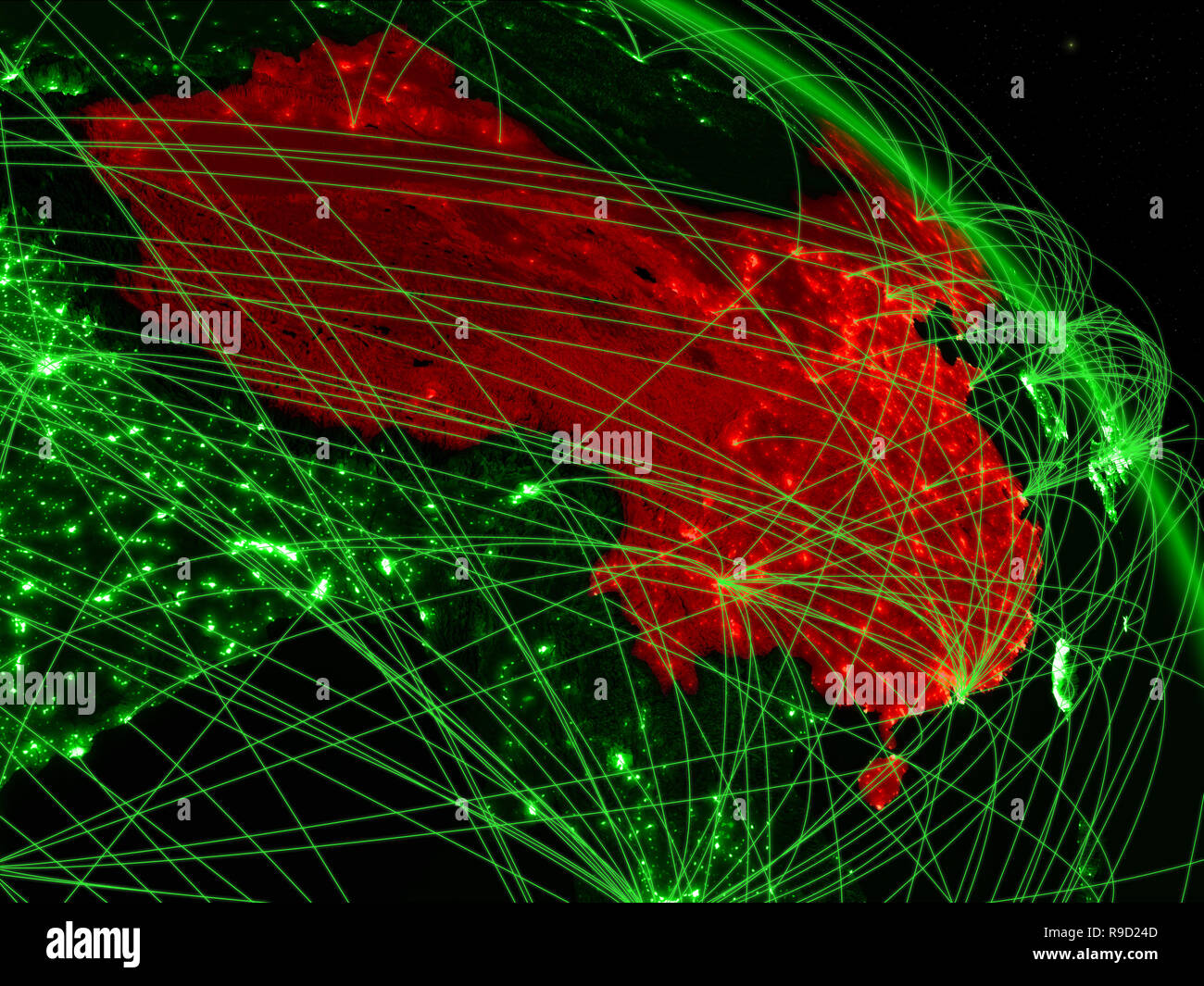China from space on model of green planet Earth with network. Concept ...