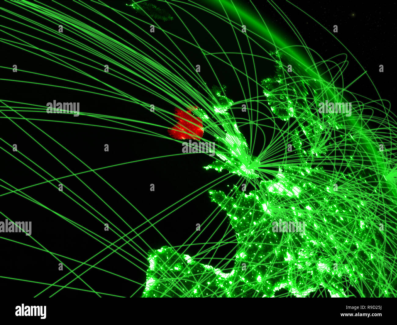 Ireland from space on model of green planet Earth with network. Concept ...
