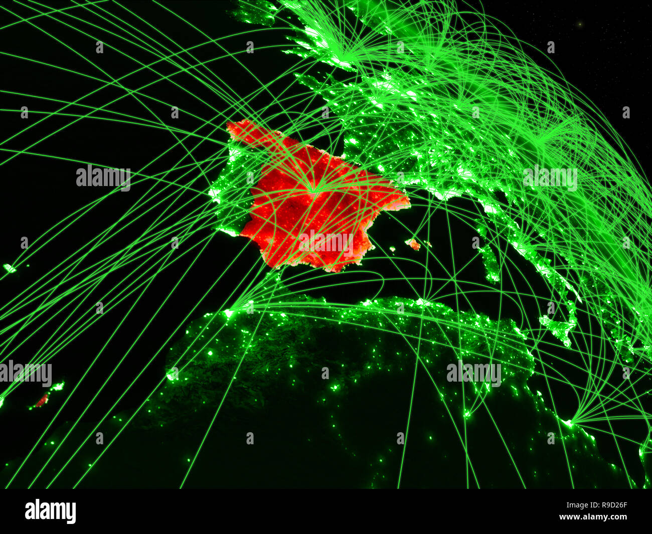 Spain from space on model of green planet Earth with network. Concept ...