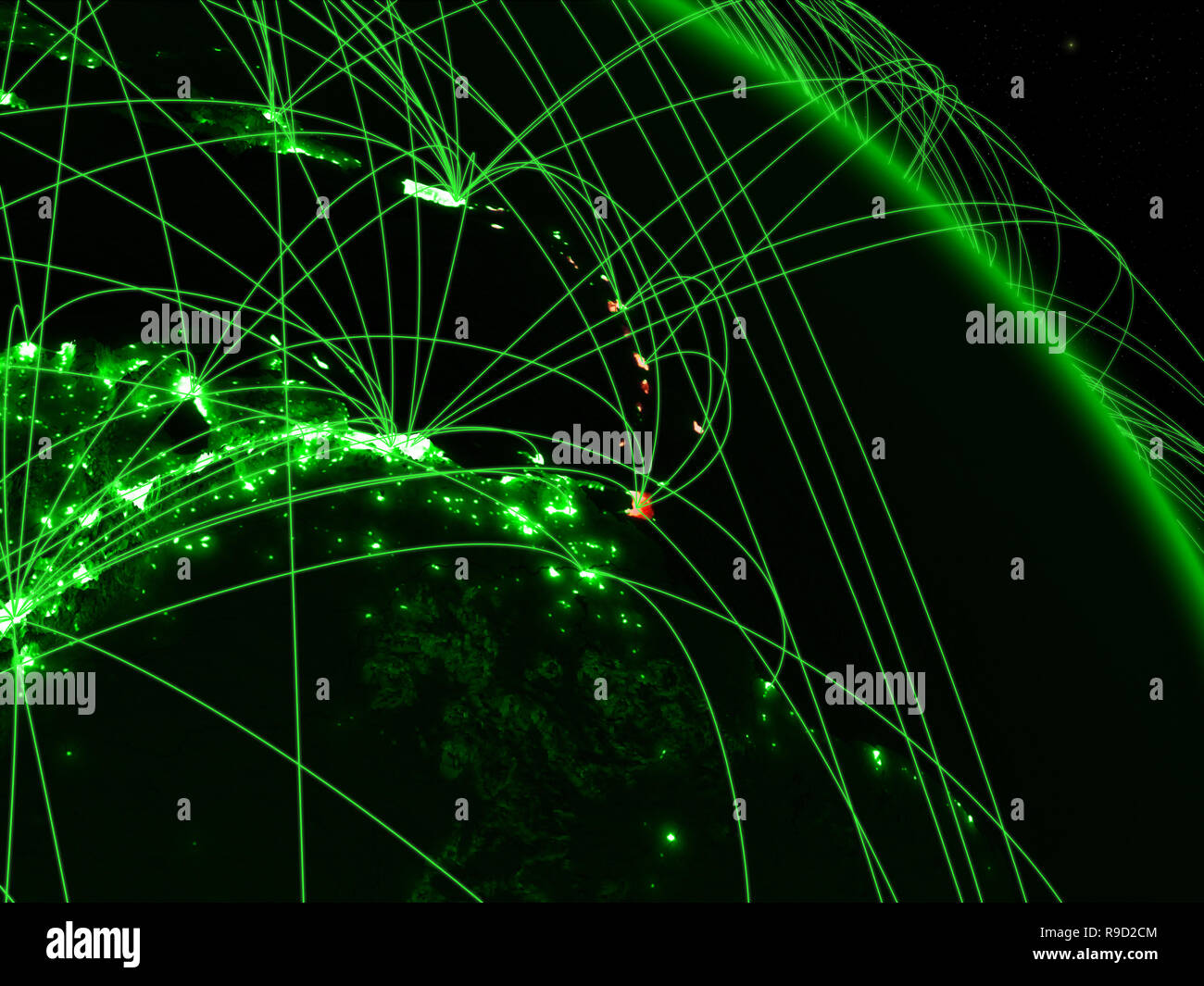 Caribbean from space on model of green planet Earth with network ...