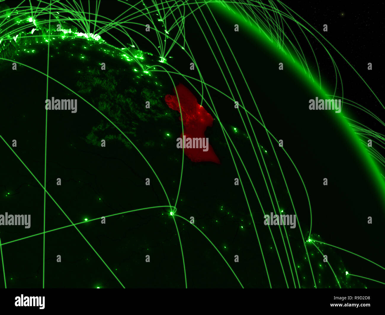 Guyana from space on model of green planet Earth with network. Concept ...