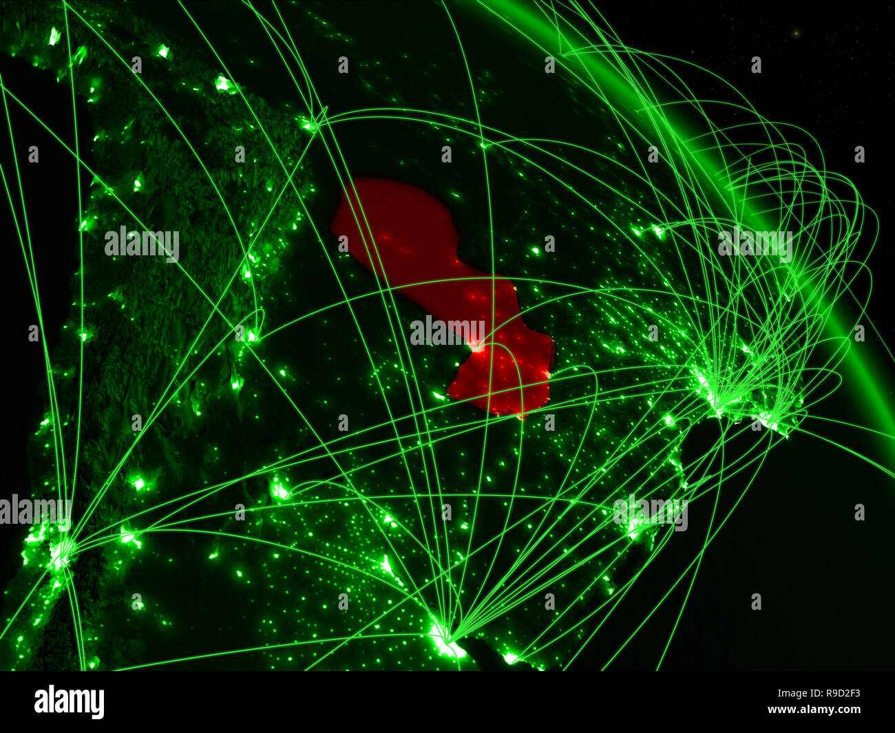 Paraguay from space on model of green planet Earth with network ...