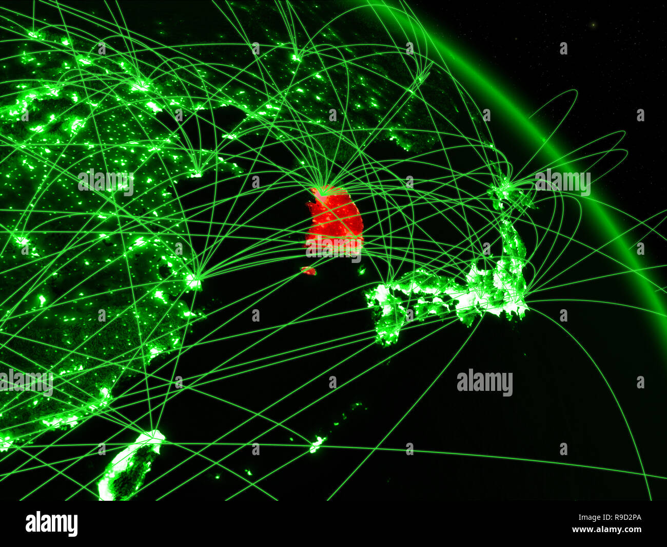 South Korea from space on model of green planet Earth with network ...