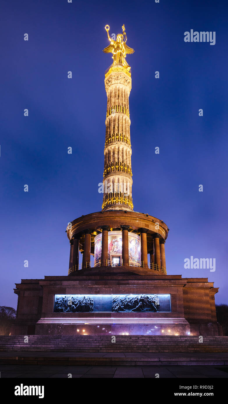 Illuminated Berlin Victory Column (Siegessaule) monument, a major ...