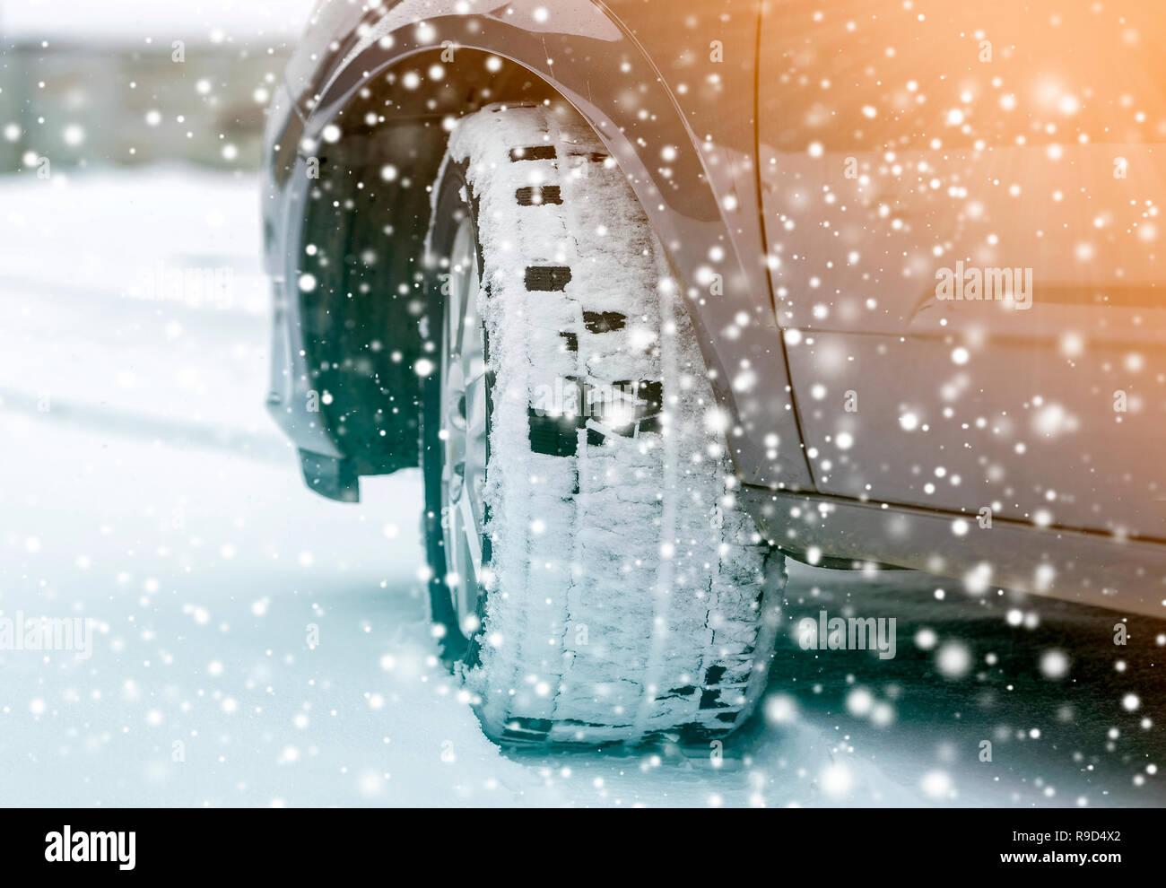 Close up detail car wheel with new black rubber tire protector on ...