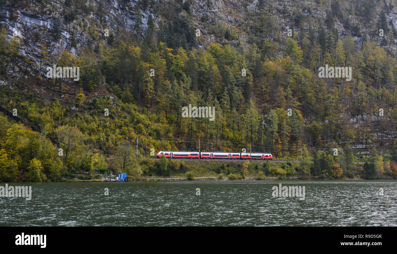 Hallstatt, Austria - Oct 25, 2018. Touristic train running in Hallstatt ...
