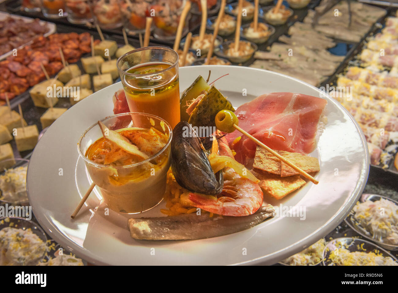 Jamón ibérico (Iberian ham) served in tapas bar in Spain Stock Photo ...