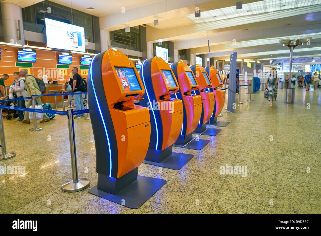 MOSCOW, RUSSIA - CIRCA JULY, 2018: Aeroflot self check-in kiosks in ...