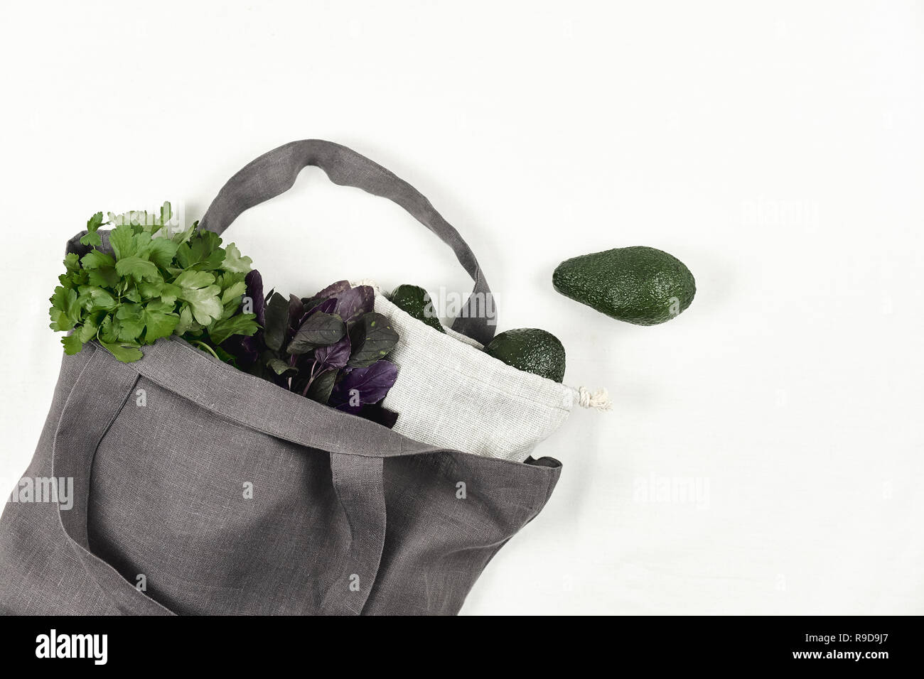 Gray Reusable Eco Friendly Bag with Avocado. Natural Zero Waste Linen ...