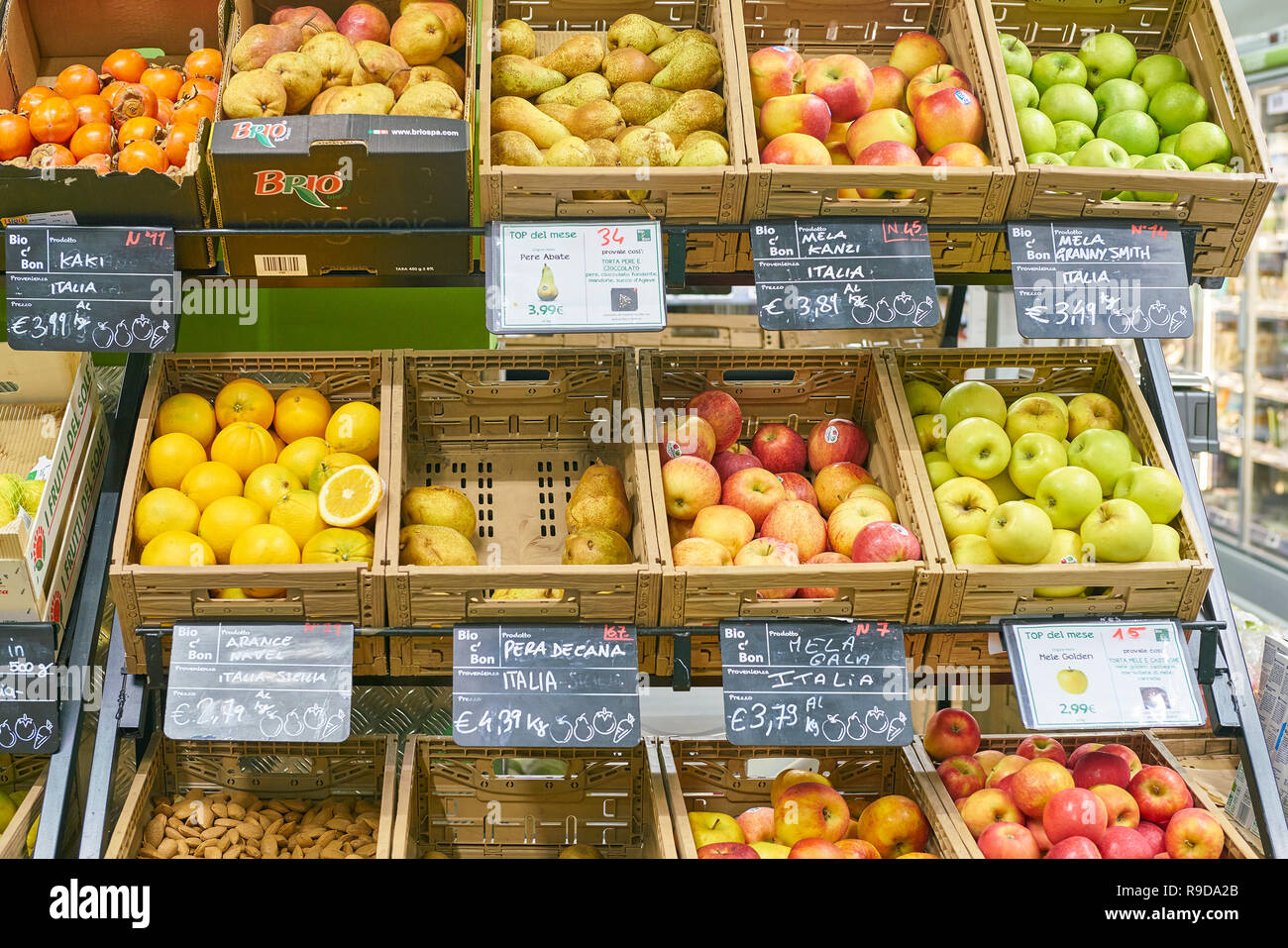 MILAN, ITALY - CIRCA NOVEMBER, 2017: assortment of fruits on display ...