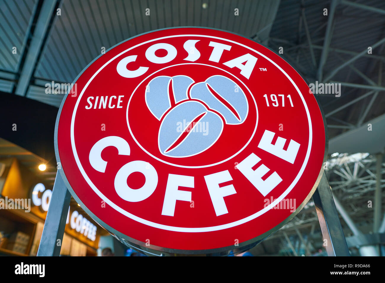 MOSCOW, RUSSIA - CIRCA AUGUST, 2018: Costa Coffee sign in Vnukovo ...