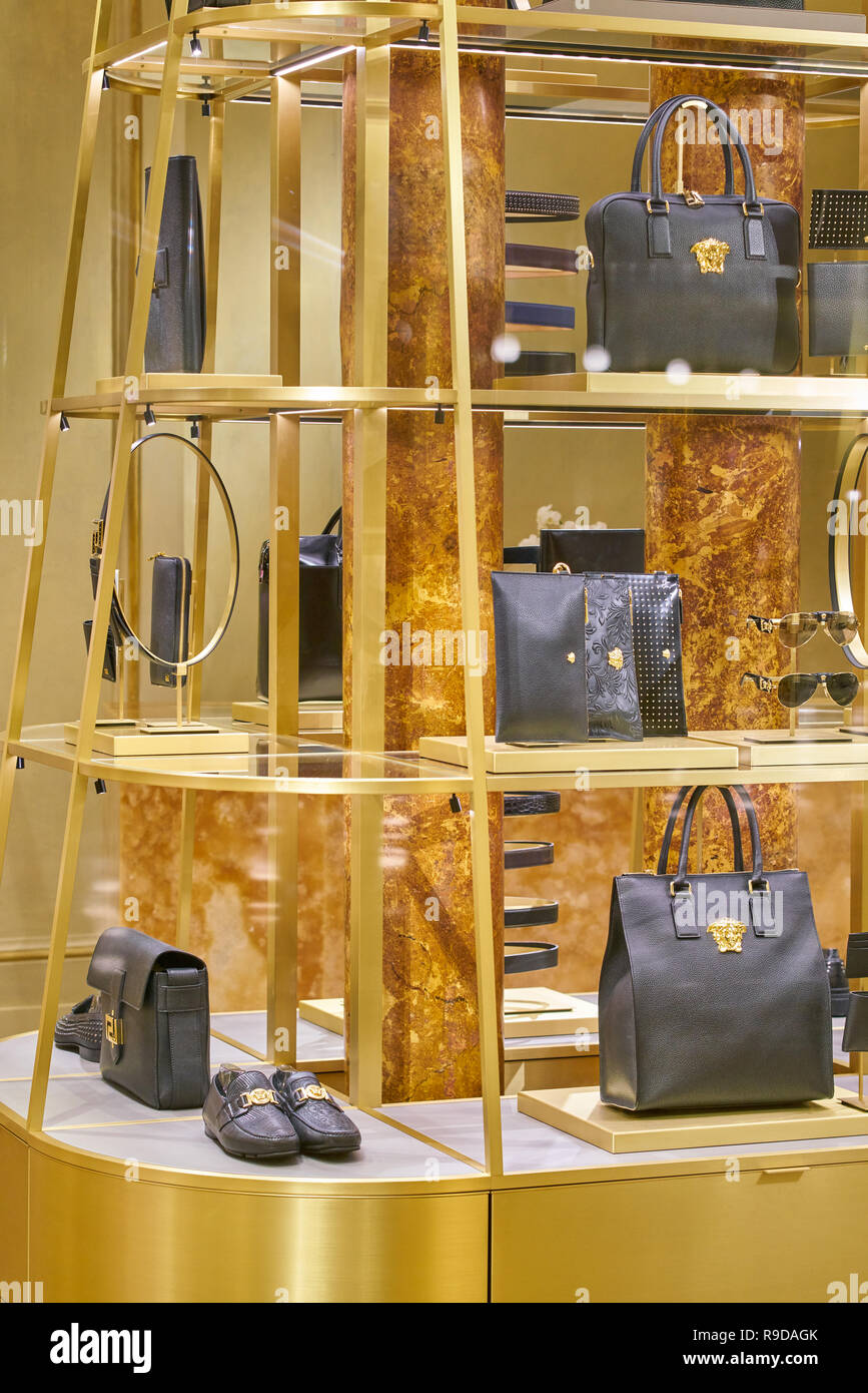 MILAN, ITALY - CIRCA NOVEMBER, 2017: bags on display at Versace store ...