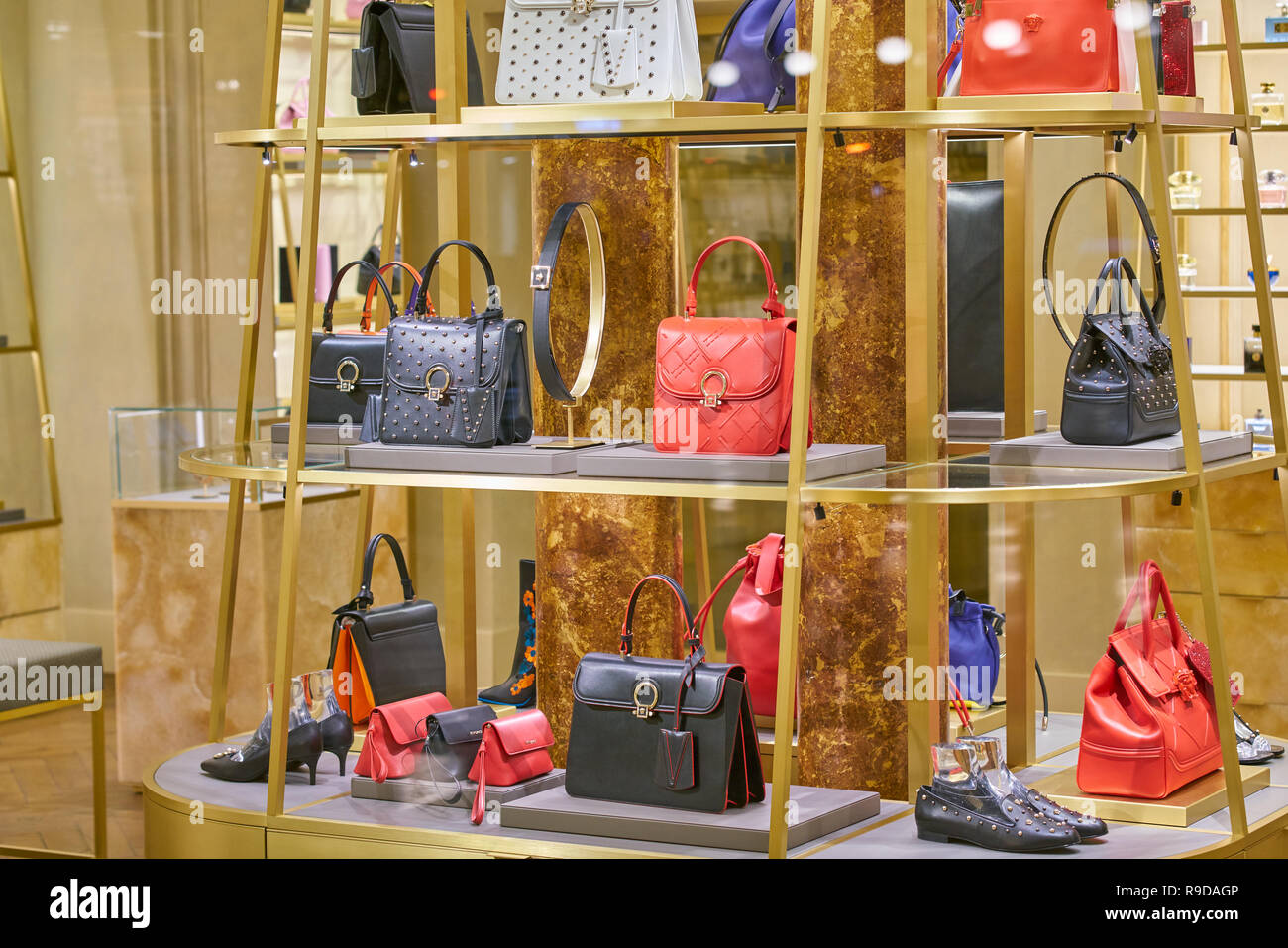 MILAN, ITALY - CIRCA NOVEMBER, 2017: bags on display at Versace store ...