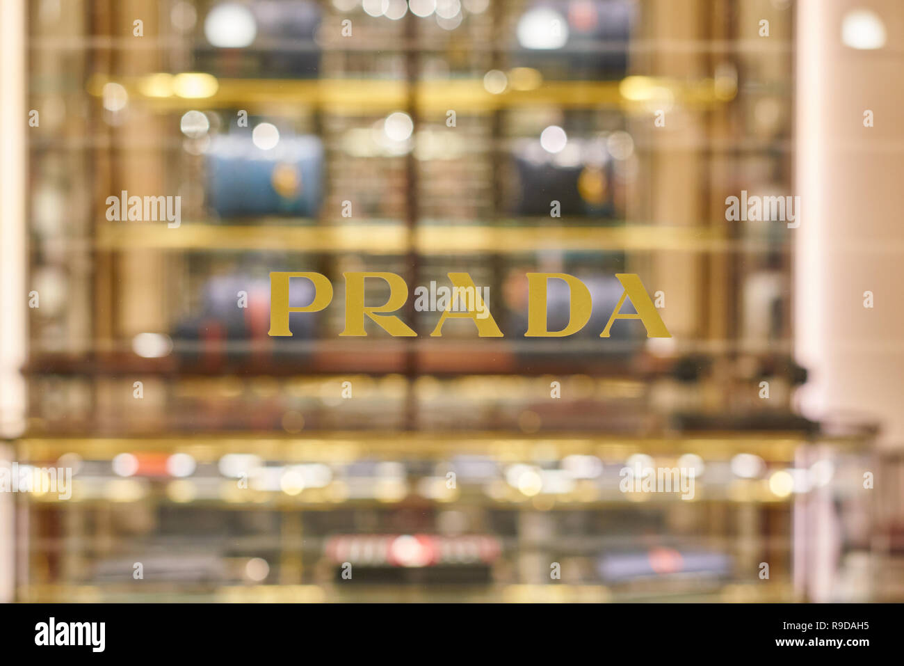MILAN, ITALY - CIRCA NOVEMBER, 2017: close up shot of Prada sign at ...