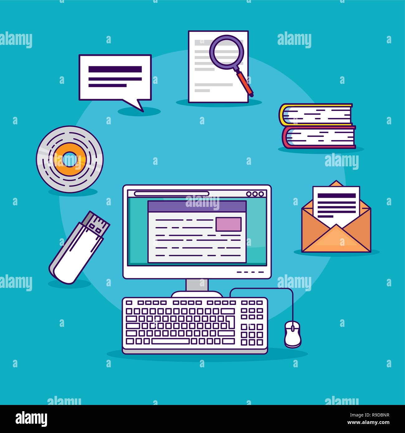 computer technology document with books and usb memory Stock Vector ...