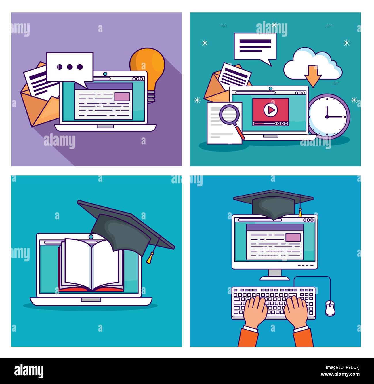 set elearnng laptop and computer technology to education Stock Vector ...