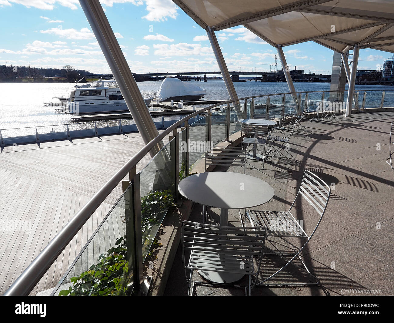 Covered sitting area with view of Anacostia River in Capitol Riverfront ...