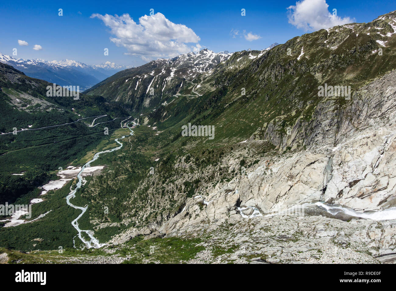 Upper Valais landscape viewed from Rhone Glacier, the source of Rhone ...