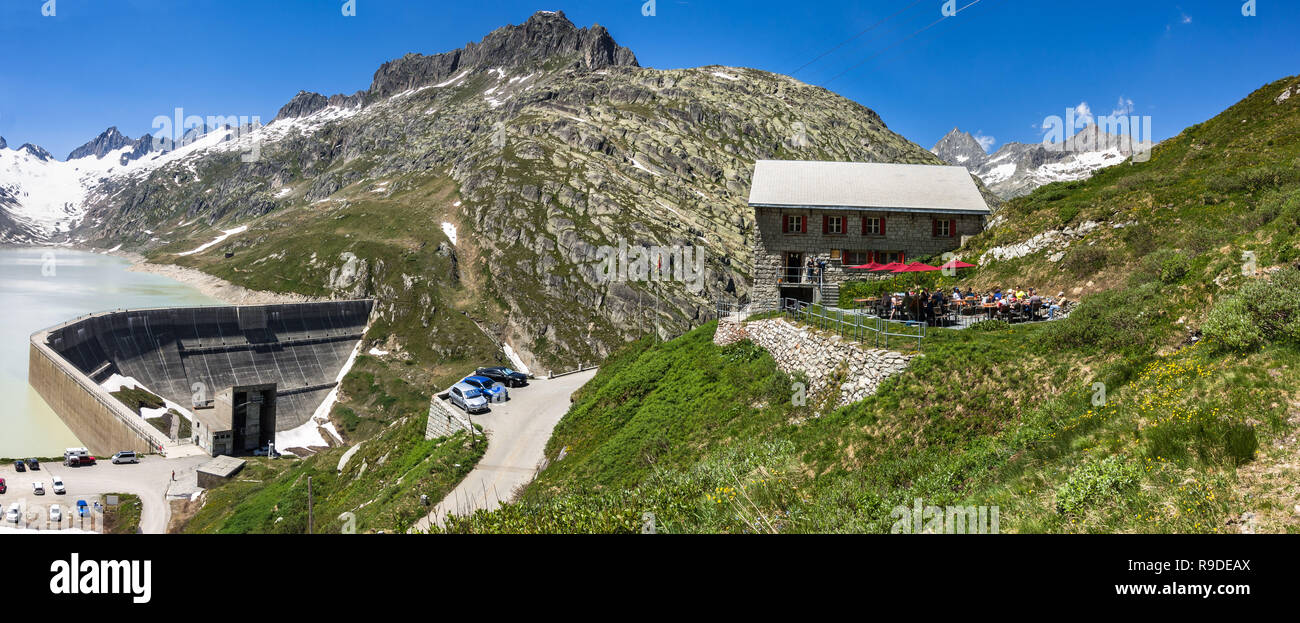 Alpine refuge near Oberaarsee dam in the Bernese Alps, Switzerland ...