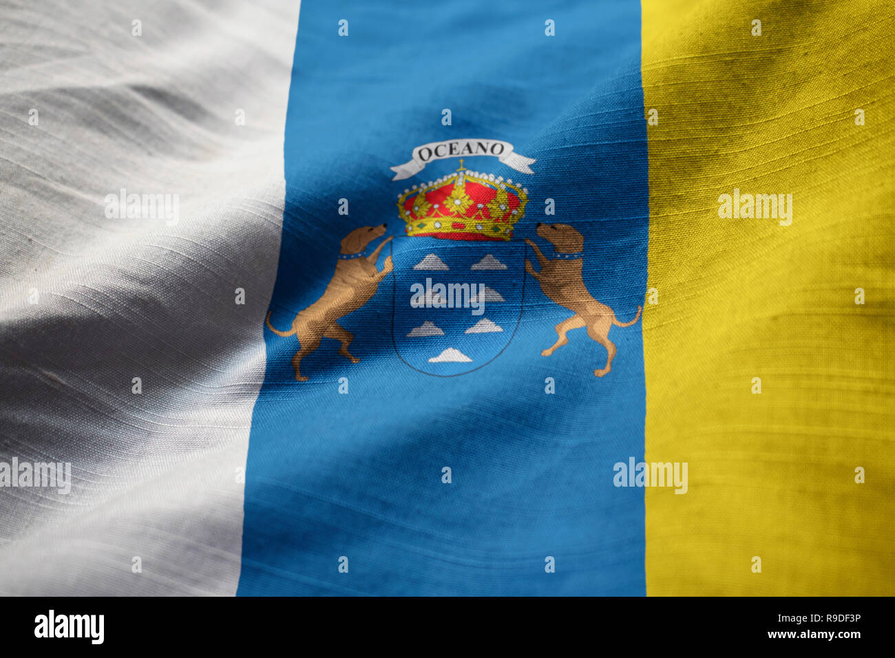 Closeup of Ruffled Canary Islands Flag, Canary Islands Flag Blowing in ...