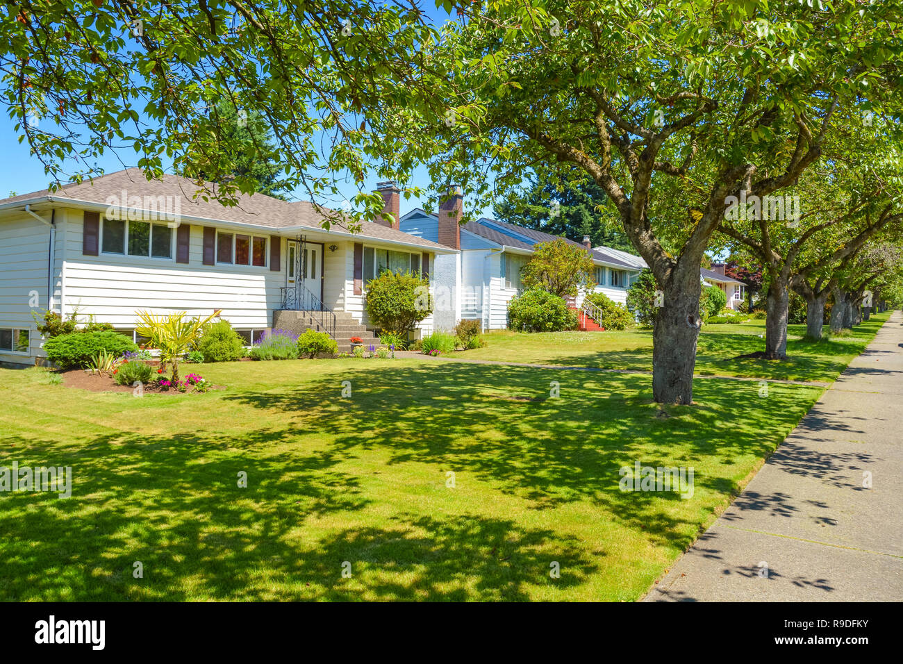 Average family house with green lawn and trees in front on blue sky ...
