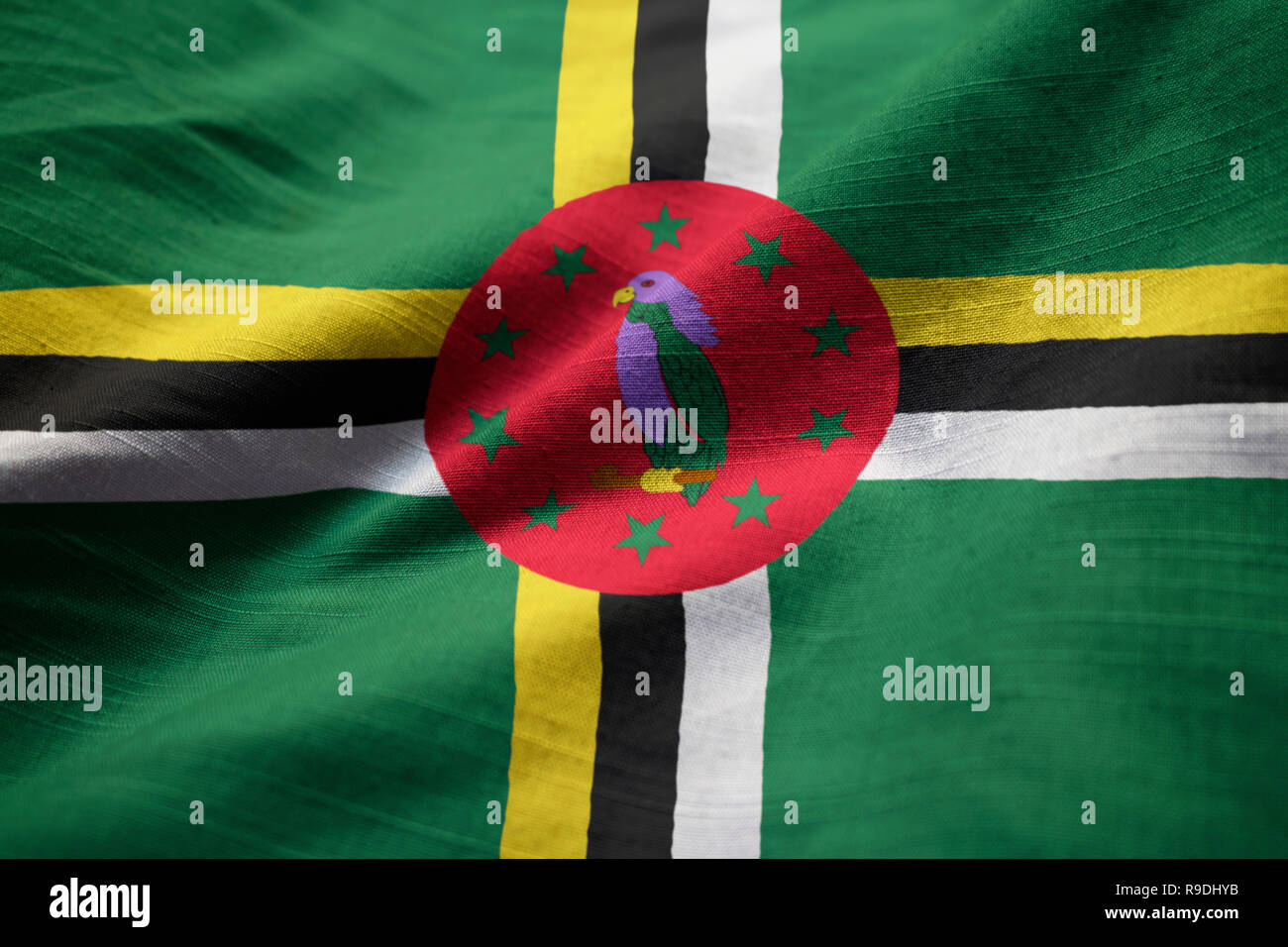 Closeup of Ruffled Dominica Flag, Dominica Flag Blowing in Wind Stock ...