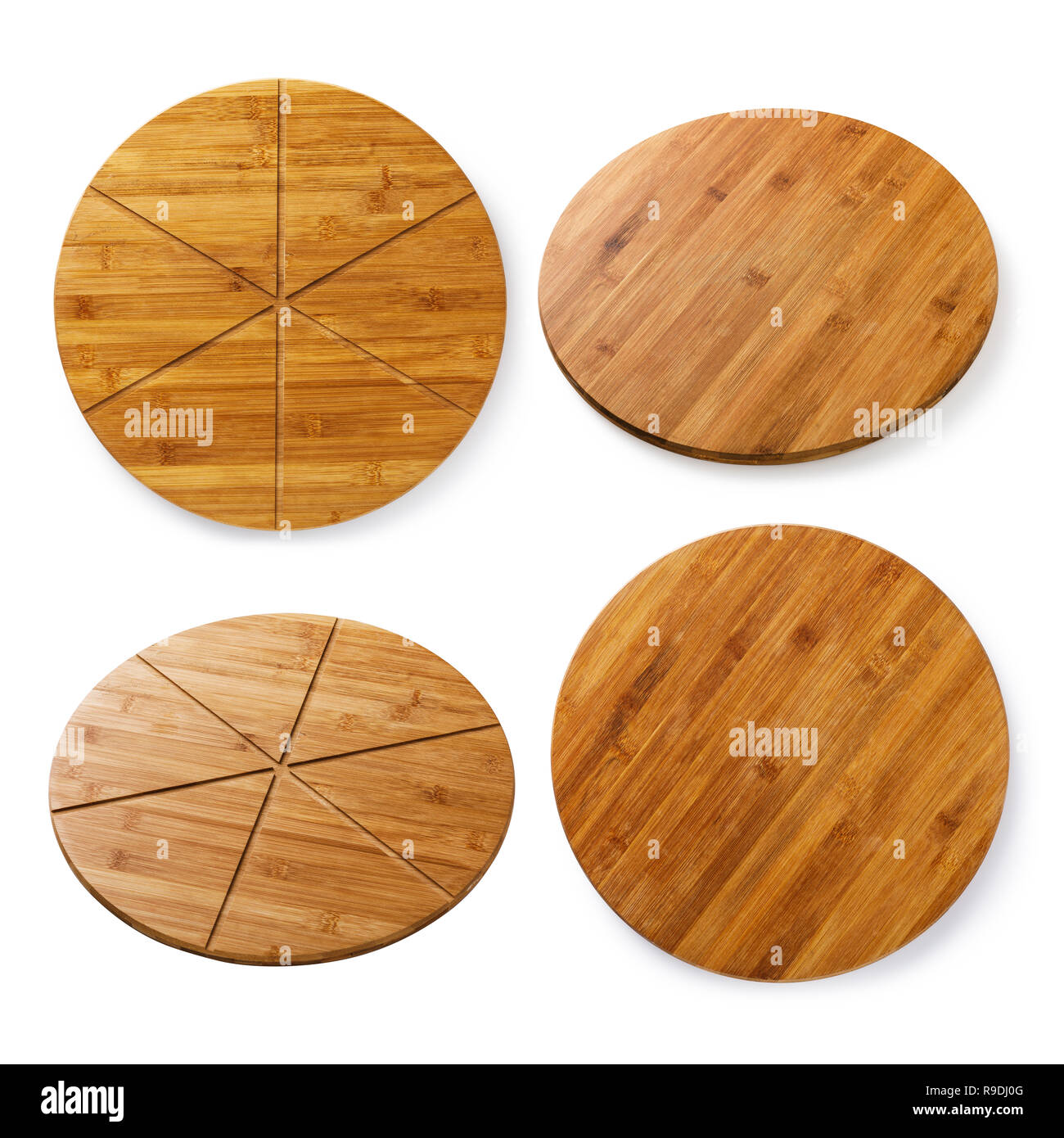 Set of empty wooden pizza trays with sectors for cutting, isolated on ...