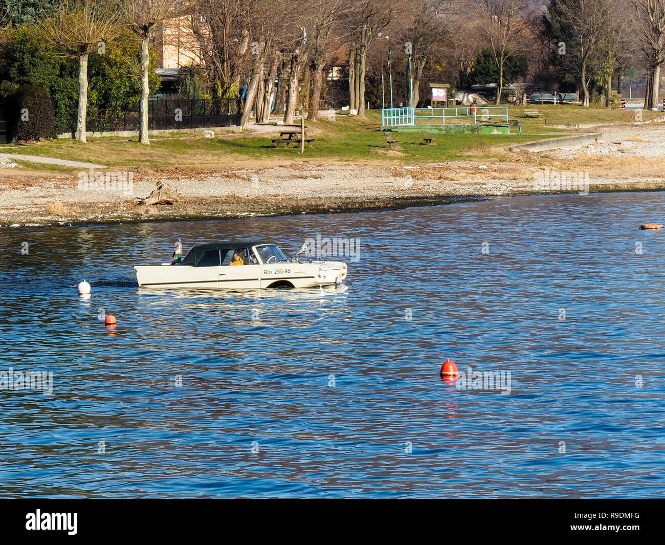 Dongo, Italy - December 22, 2018: Amphibious vehicle in navigation at ...