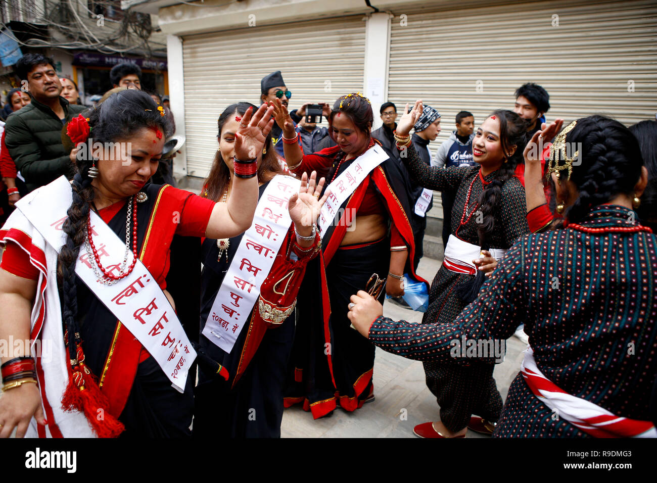 Women from Newar community seen in traditional attire dancing during ...