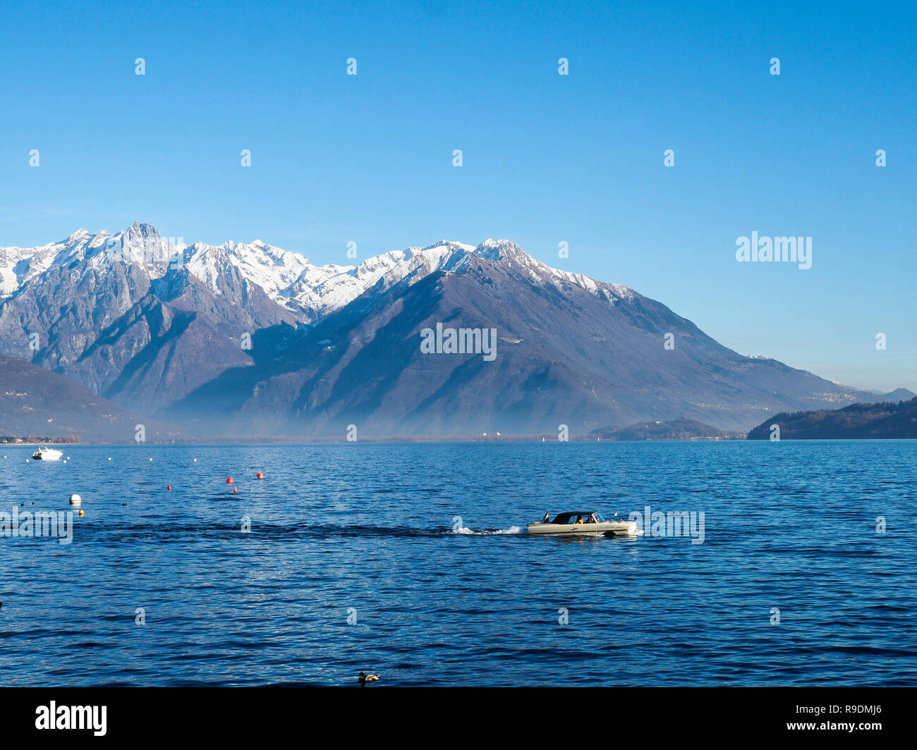 Dongo, Italy - December 22, 2018: Amphibious vehicle in navigation at ...