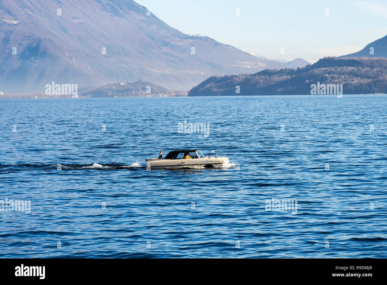 Dongo, Italy - December 22, 2018: Amphibious vehicle in navigation at ...