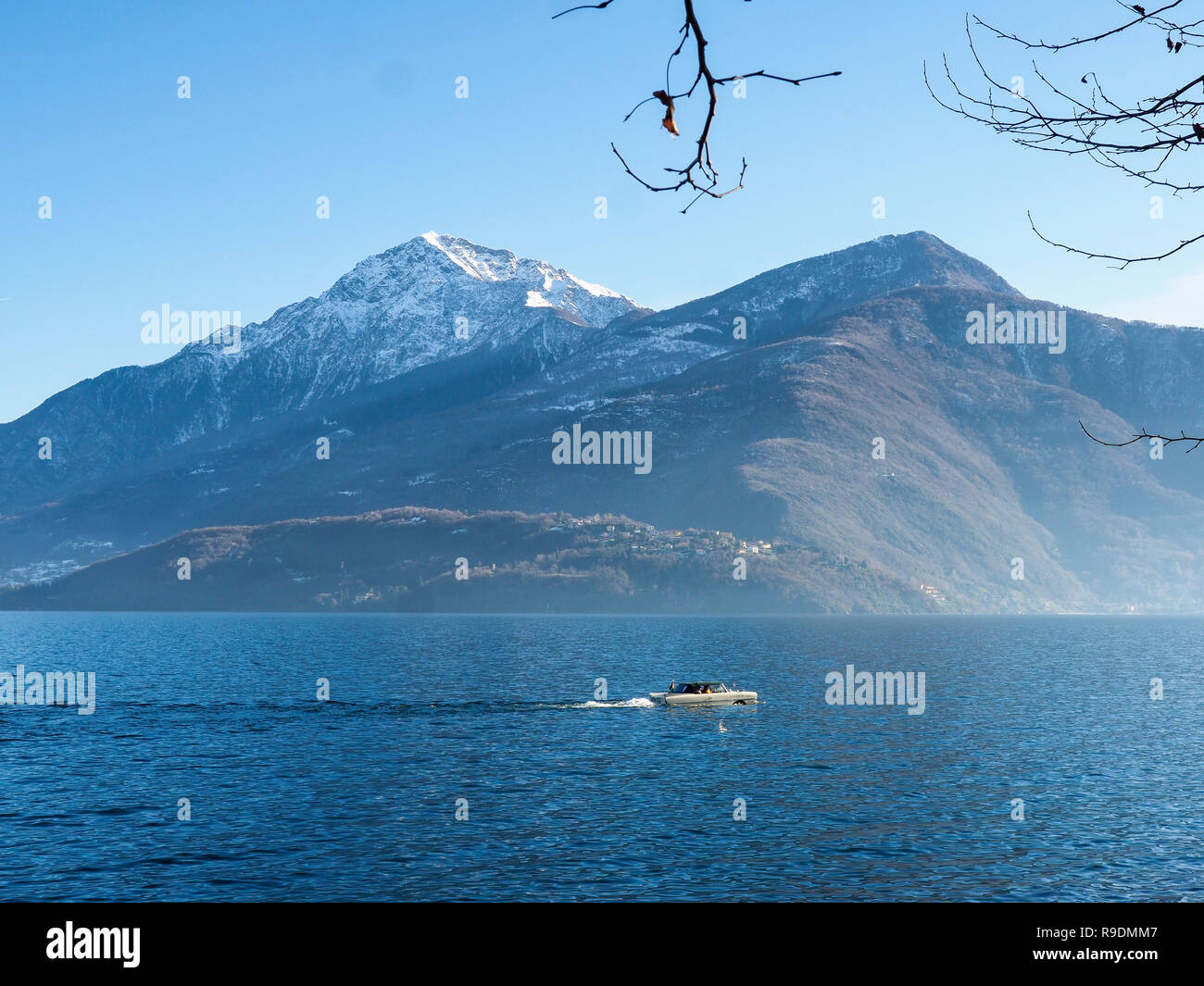Dongo, Italy - December 22, 2018: Amphibious vehicle in navigation at ...