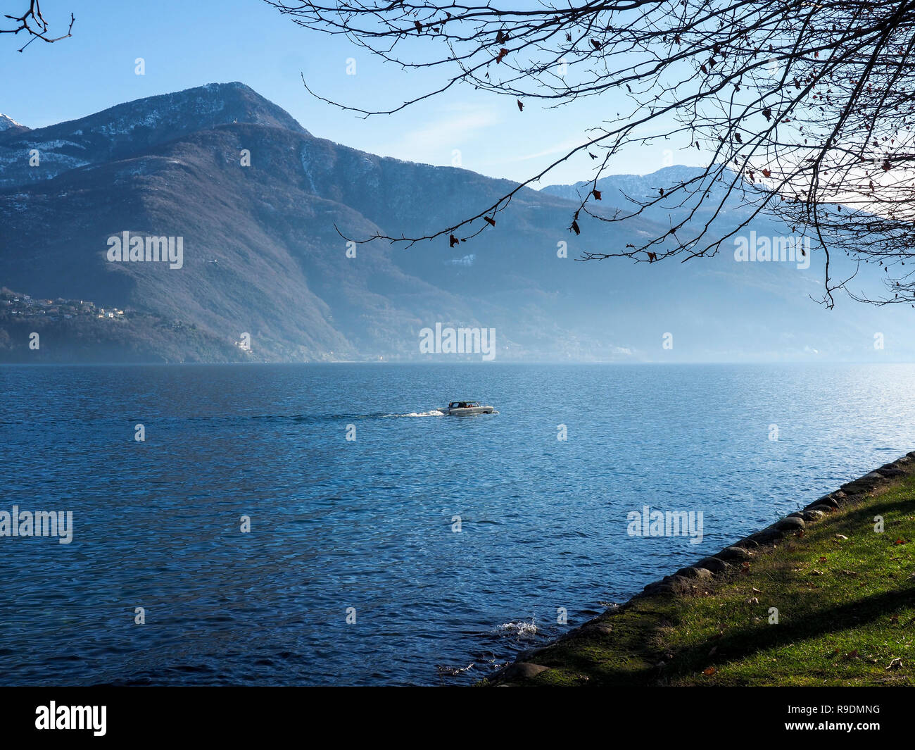 Dongo, Italy - December 22, 2018: Amphibious vehicle in navigation at ...
