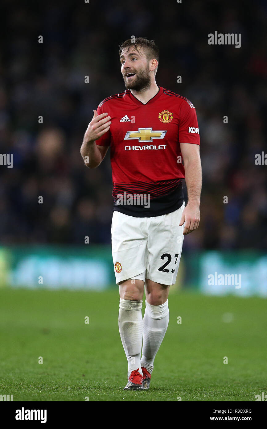 Cardiff, UK. 22nd Dec, 2018. Luke Shaw of Manchester United gestures ...