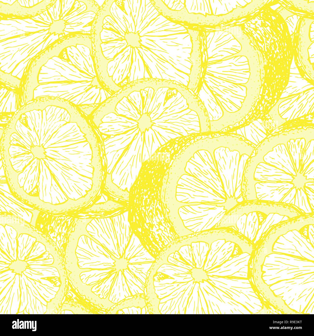 Lemons hand drawn seamless pattern. Yellow citrus color outline drawing. Fresh lemon slices and ...