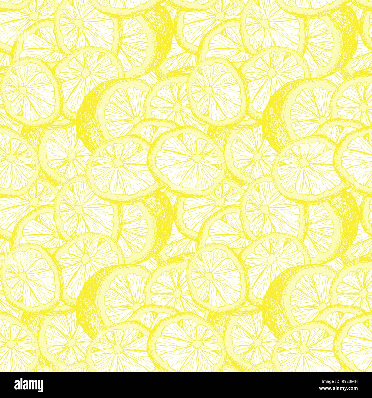 Lemons hand drawn seamless pattern. Yellow citrus color outline drawing. Fresh lemon slices and ...