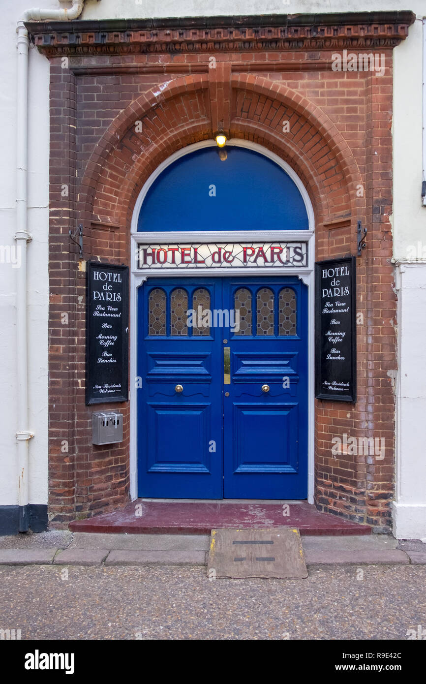 Cromer, England, 4 April 2018: Entrance to the Hotel de Paris, Cromer ...